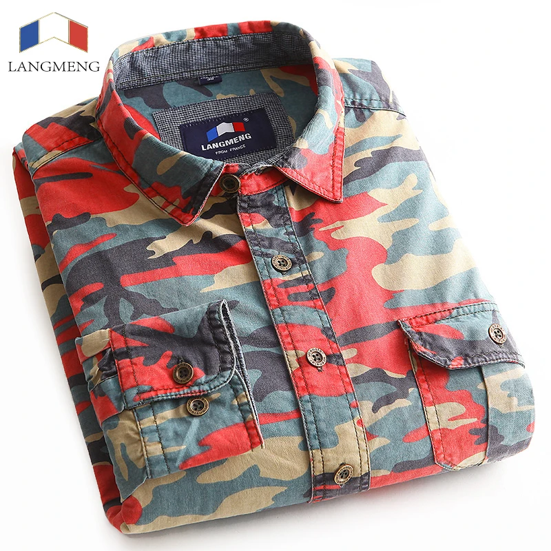 Langmeng 100% cotton Mens Long Sleeve Camouflage Shirt Men Army Combat ...