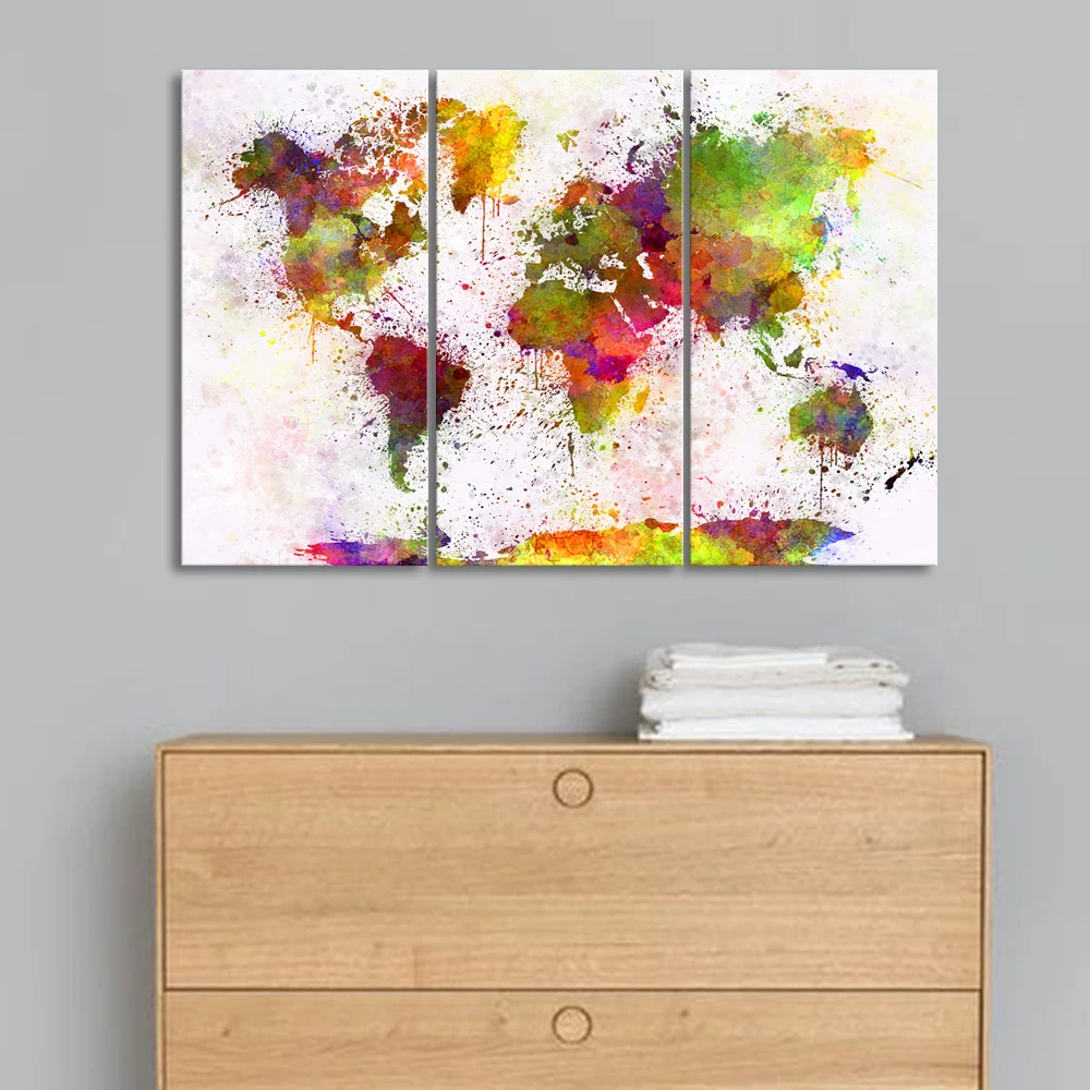 Tríptico Abstrato Mapa Do Mundo de Arte Cópia Da Lona Pintura Moderna ...
