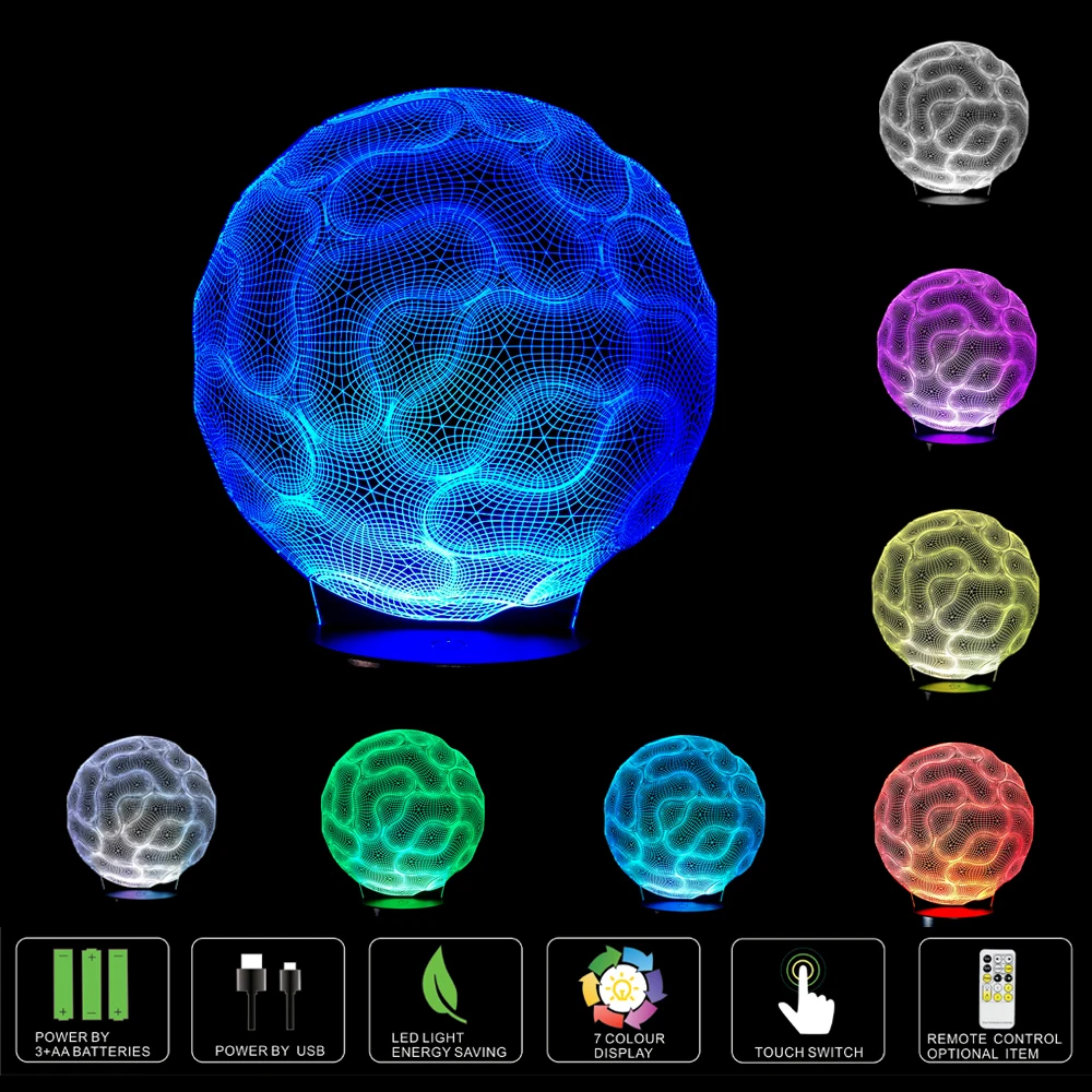 Colorful Light Touch Switch&Remote Brain 3D LED Lamp Creative Visual ...