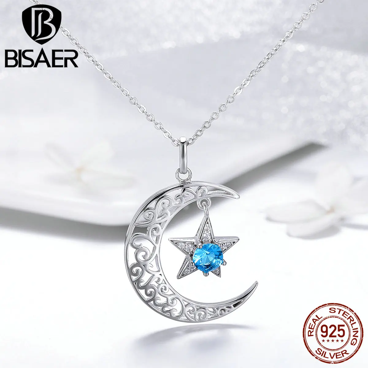 BISAER Real 925 Sterling Silver Moon And Star Pendant Necklaces for ... BISAER Real 925 Sterling Silver Moon And Star Pendant Necklaces for ...