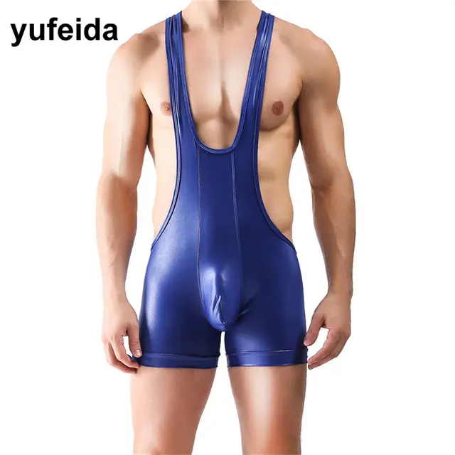 Yufeida Stretch Tight Unitard Leotard Sexy Mens Faux Leather Bodysuit