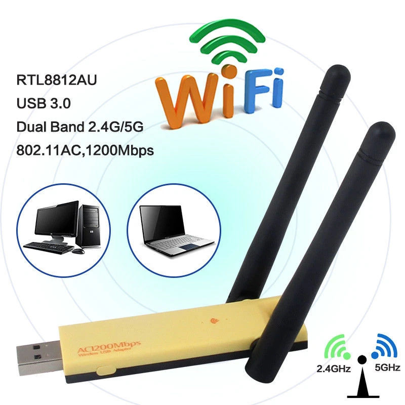 Realtek RTL8812AU/RTL8812BU 듀얼 밴드 1200Mbps 무선 USB WiFi 네트워크 어댑터 안테나 ...