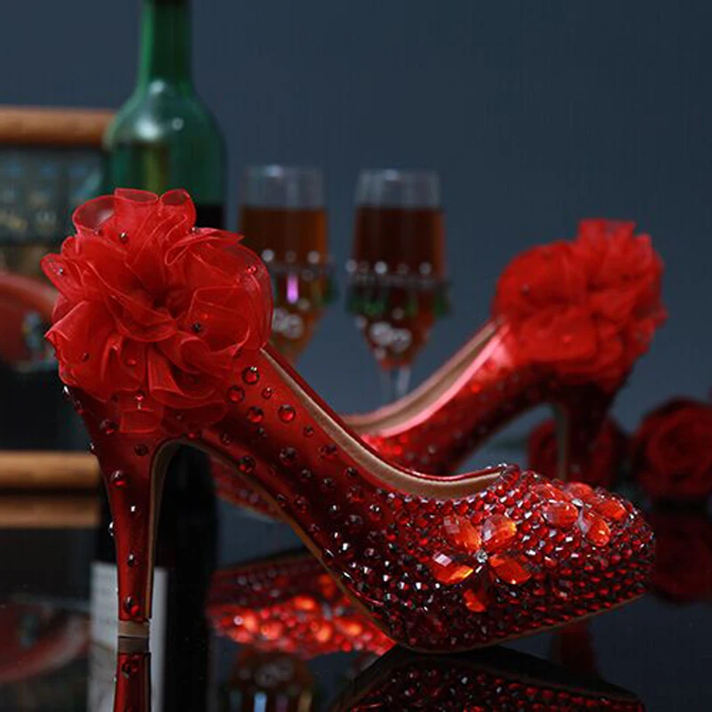 White and Red Flower Wedding Dress Shoes Fashion Lady Party Shoes high ...