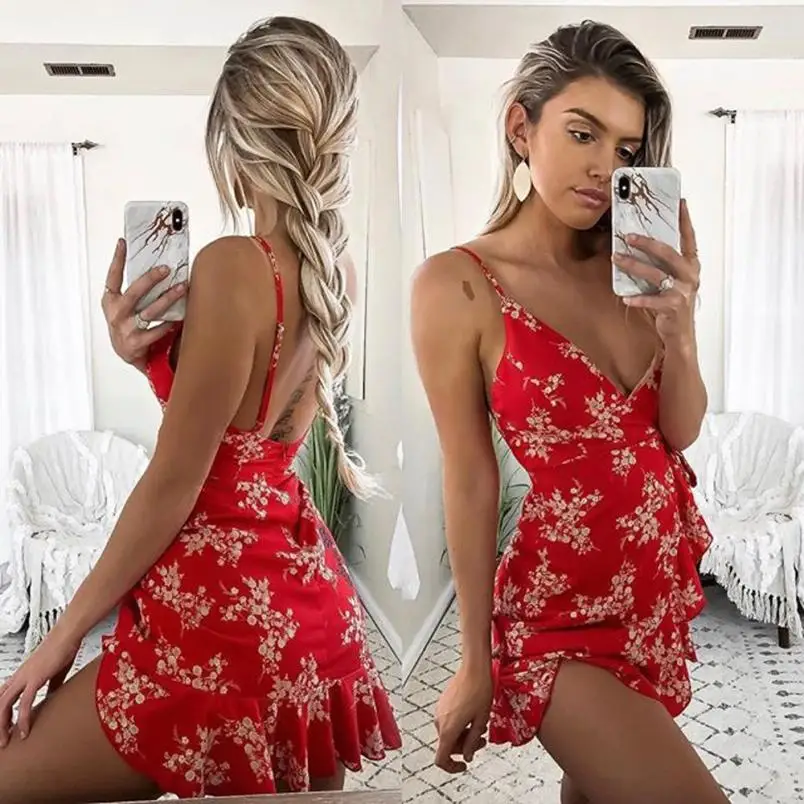 Summer Casual Women Sexy V Neck Print Floral Short Dress Sleeveless Backless Cami Dress Mini