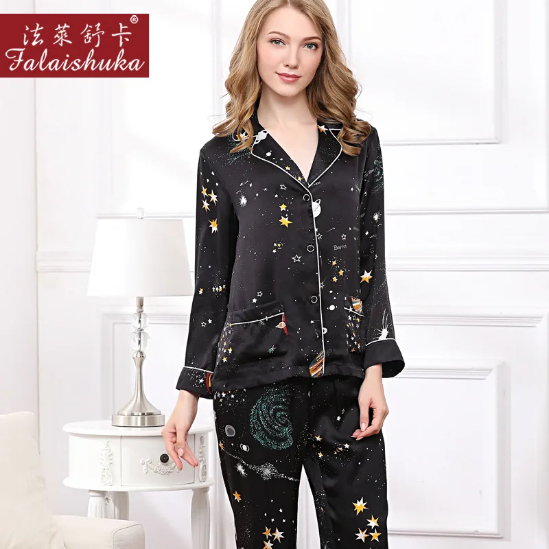 Heavy Silk Woman Pajamas Romantic Starry Sky Long Sleeve 100 Silk