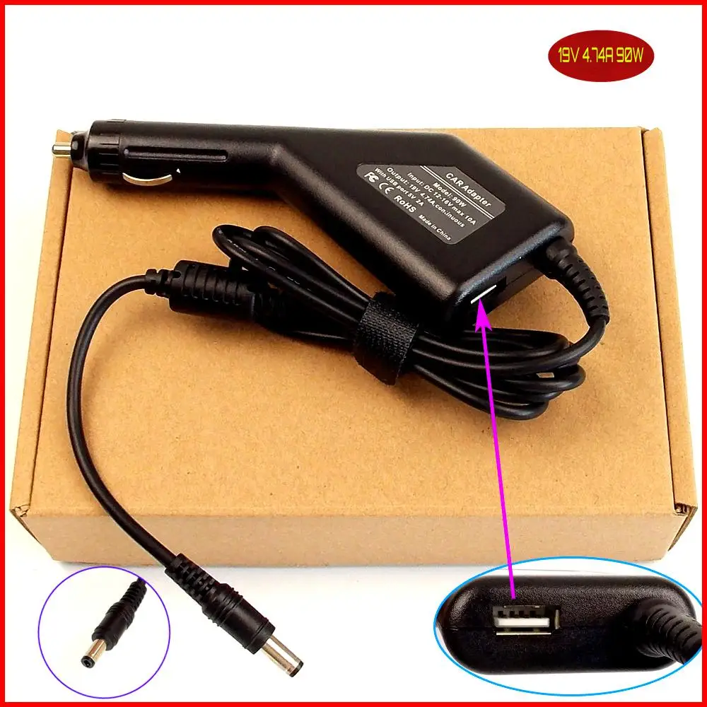 Laptop DC Power Car Adapter Charger 19V 4.74A 90W + USB Port for ...