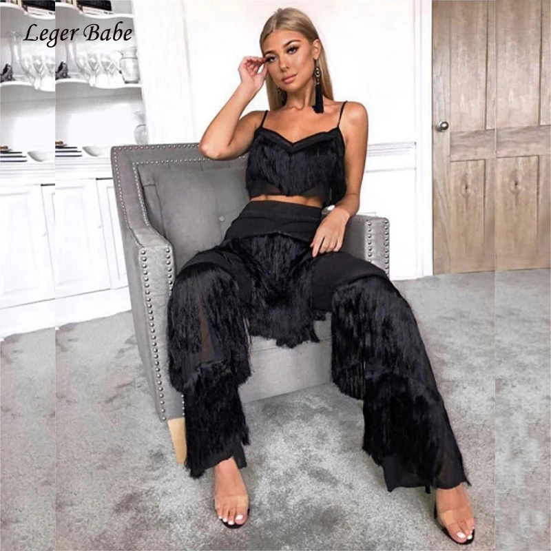 Leger Babe Sexy Black Spaghetti Strap Tassel Short Top Long Tassel