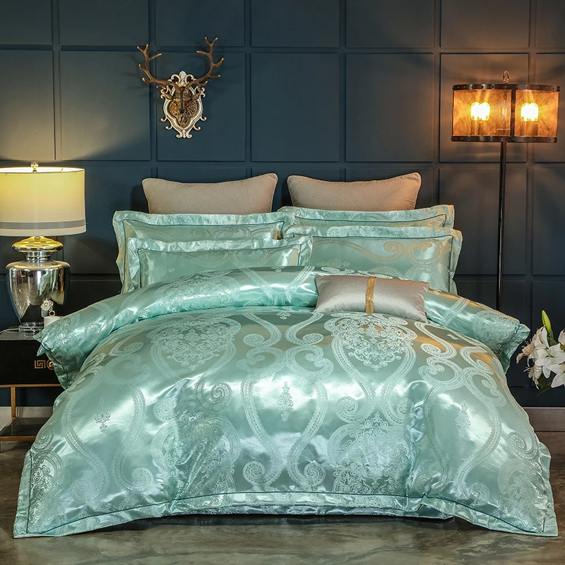 New Luxury Satin Jacquard Bedding Set Blue Green Queen King Size Bed