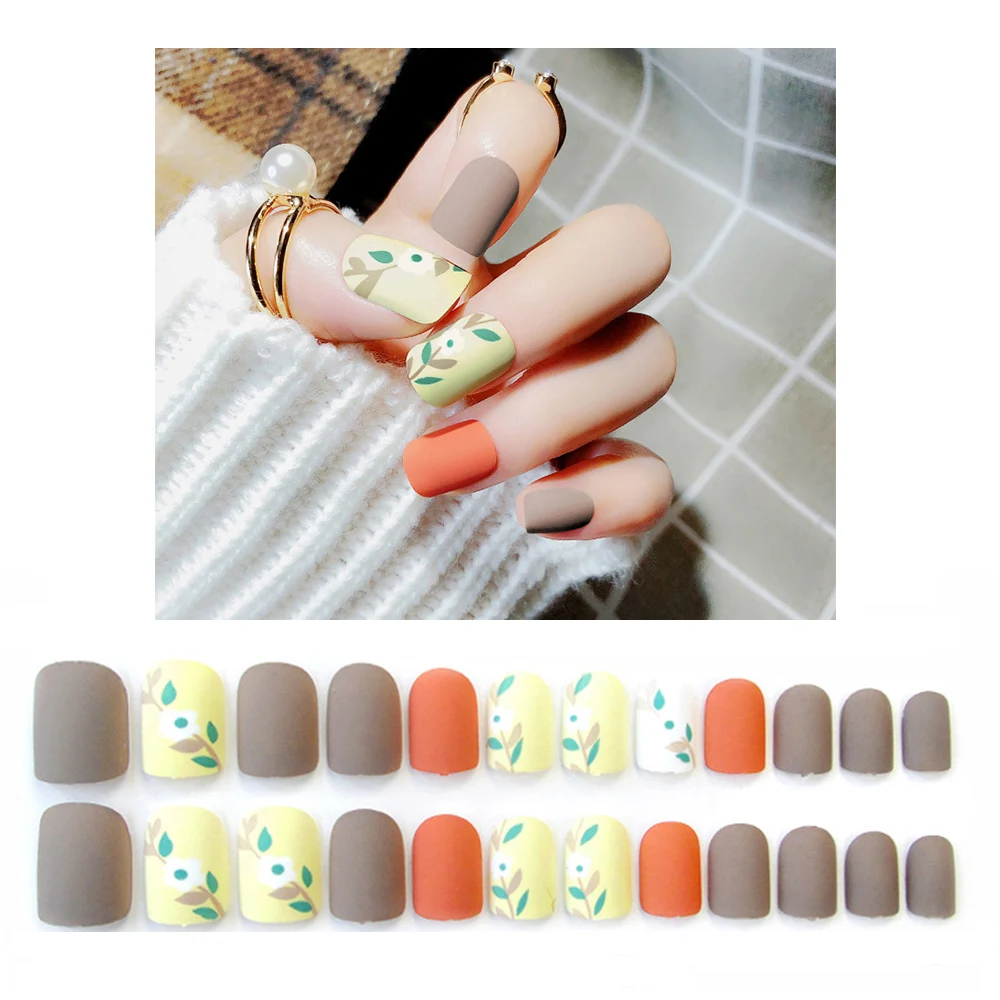 24pcs/Set Matte Leaves Pattern False Nails Orange grey Mix Color Middle ...