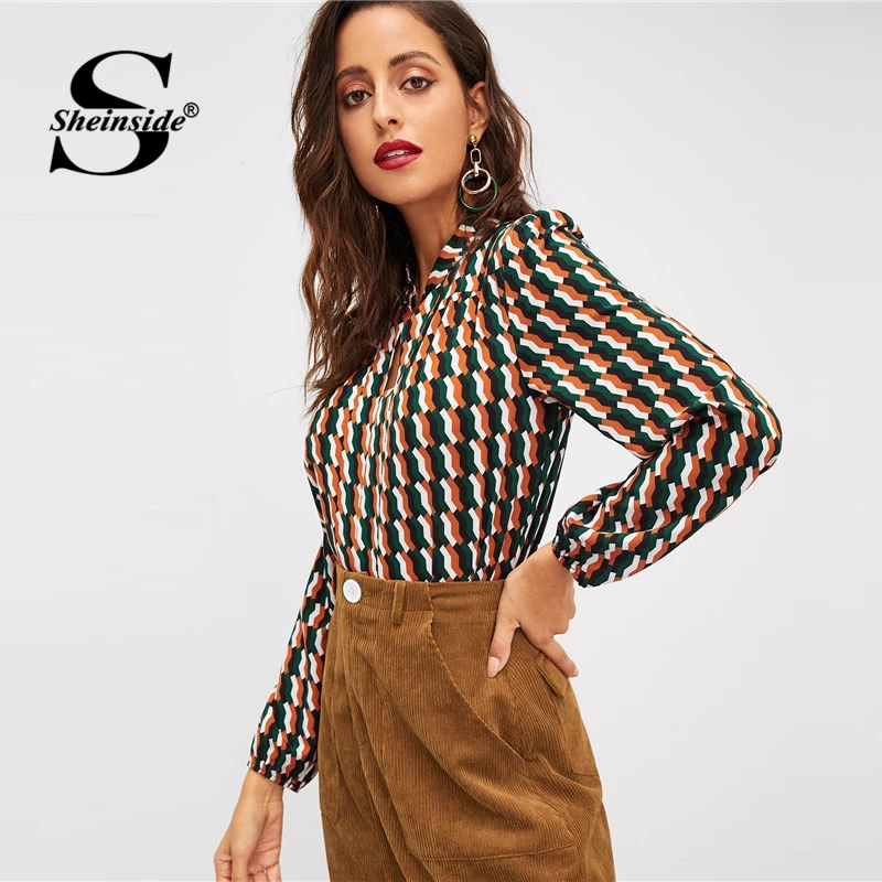 Sheinsid, элегантная рубашка с принтом, длинный рукав, v-образный вырез ...