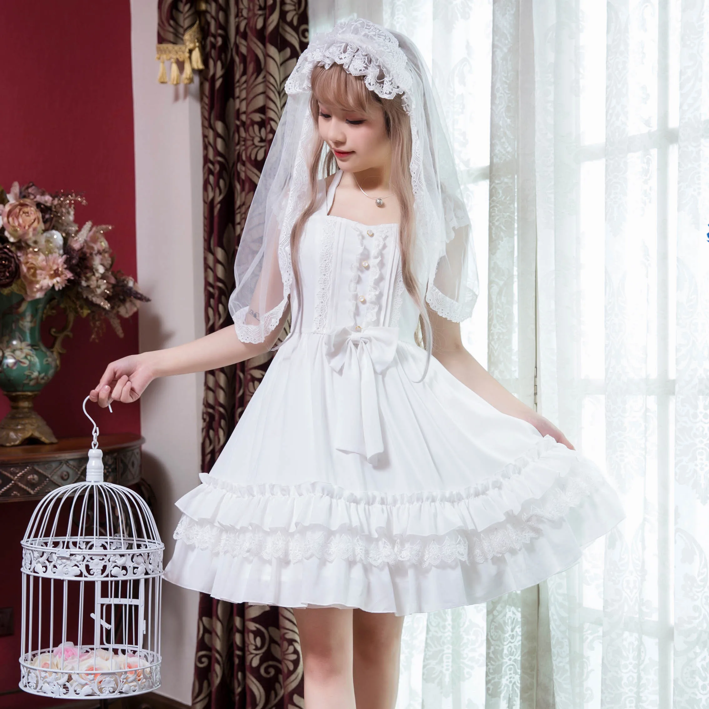 Caliy vestido de princesa Lolita OP para mujer, vestido blanco liso sin ...