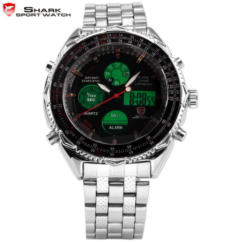 SHARK Sport Watch LCD Digital Analog Dual Time Silver Stainless Steel ...