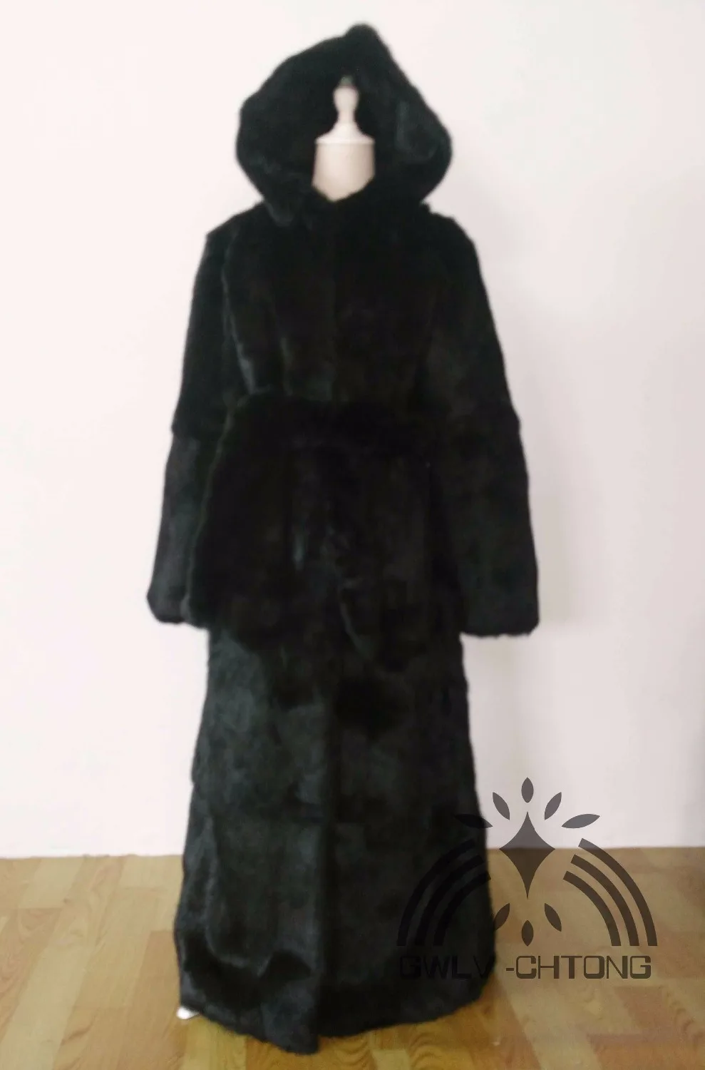 Real Genuine Natural Rabbit Fur Coat With Hood With Fur Belt Women X ...