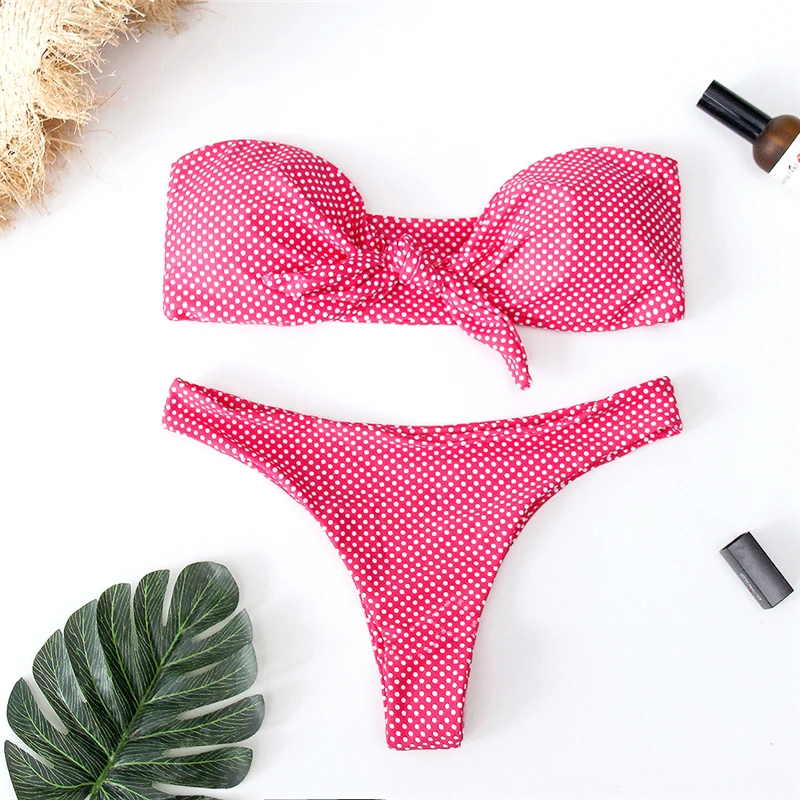 Girls Pink Chest Knotted Bikini Sexy Split Swimwear Brazilian Cute