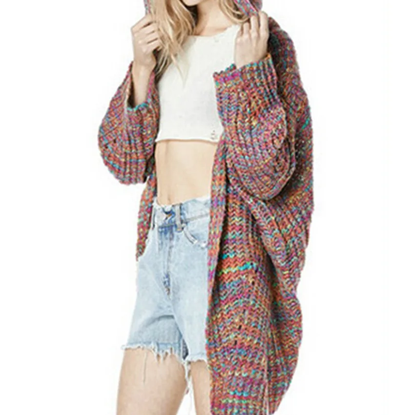 Vintage color de la mezcla cuello con capucha larga y suelta de punto ...