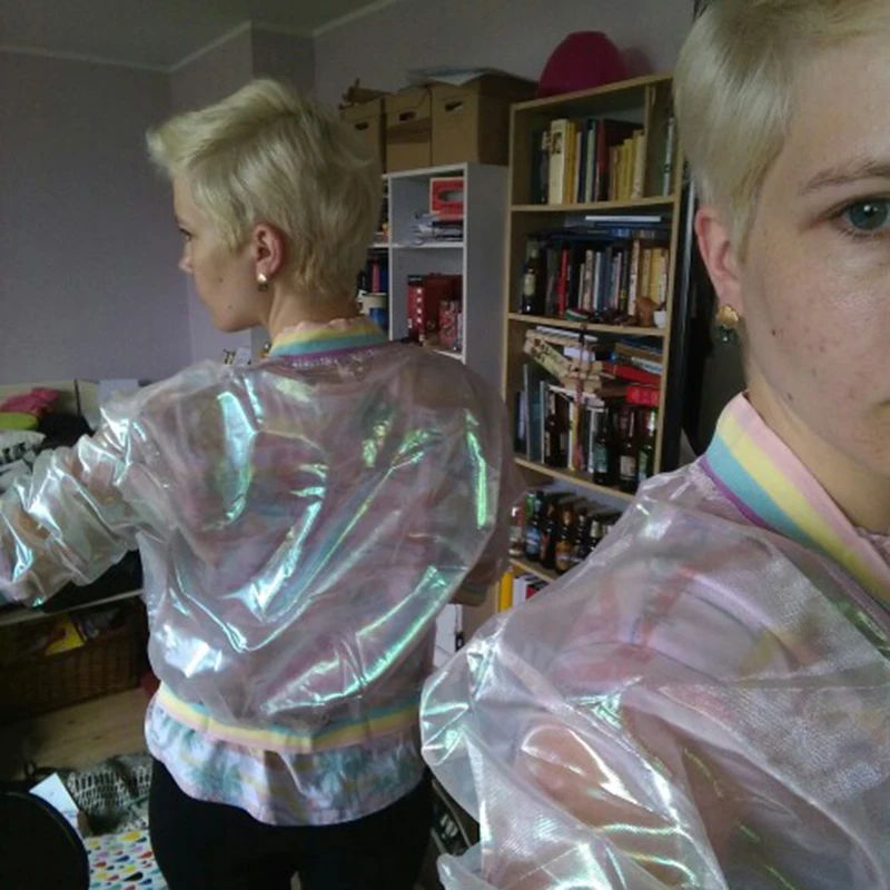 FREE SHIPPING Women Rainbow Hologram Transparent Bomber Jacket JKP1325 ...