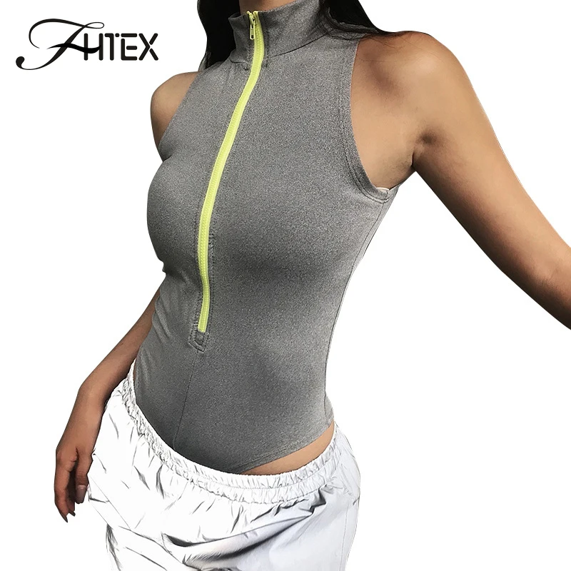 Fhtex Color Block Patchwork Stand Collar Cotton Bodysuits Women