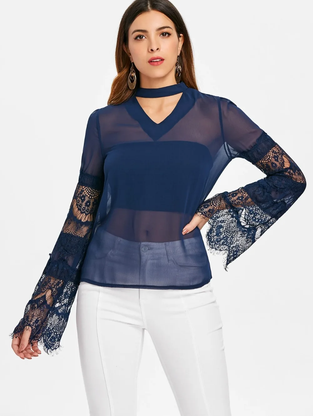 Women Blouses See Through Transparent Mesh Stand Neck Lace Long Sleeve ...
