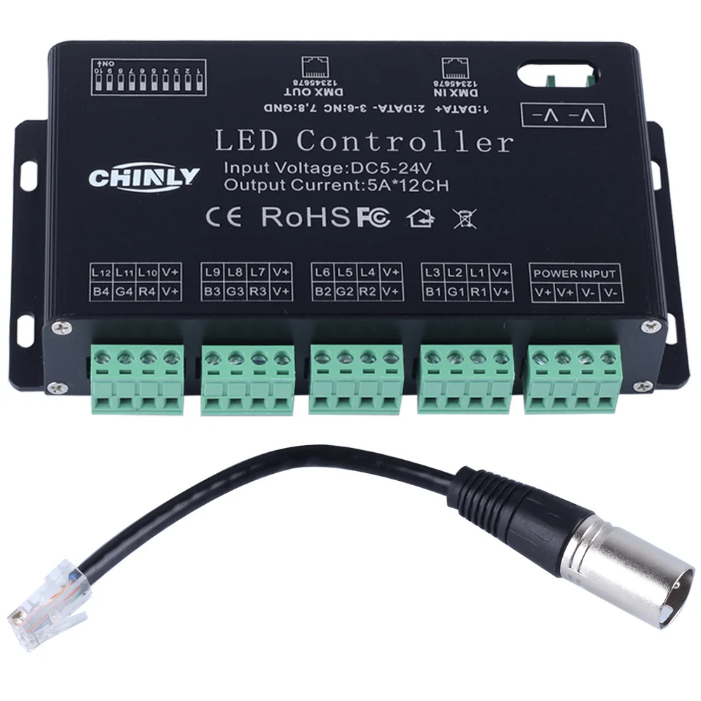 Contrôleur de bande DMX DC5V 24V RGB 512, 12 canaux, décodeur DMX ...