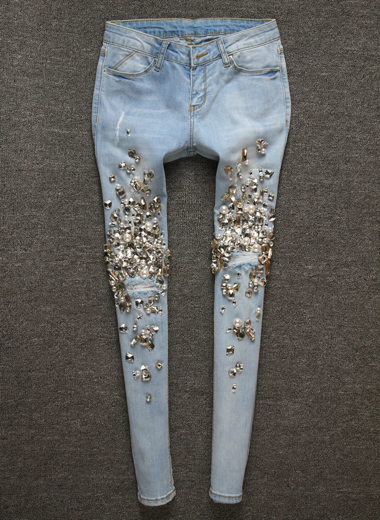 2018 spring new arrive beading diamonds bling jeans ,women's street ...