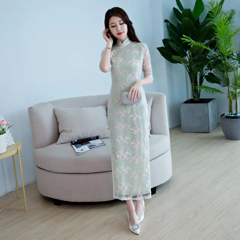 Buy Summer New Green Lace Sexy High Slits Cheongsam Size Xxl Lady Vintage Long