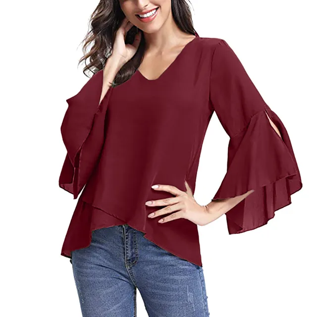 Hot Sale Tops Blouse Shirt Women Ladies Summer V Neck Bell Sleeve Solid