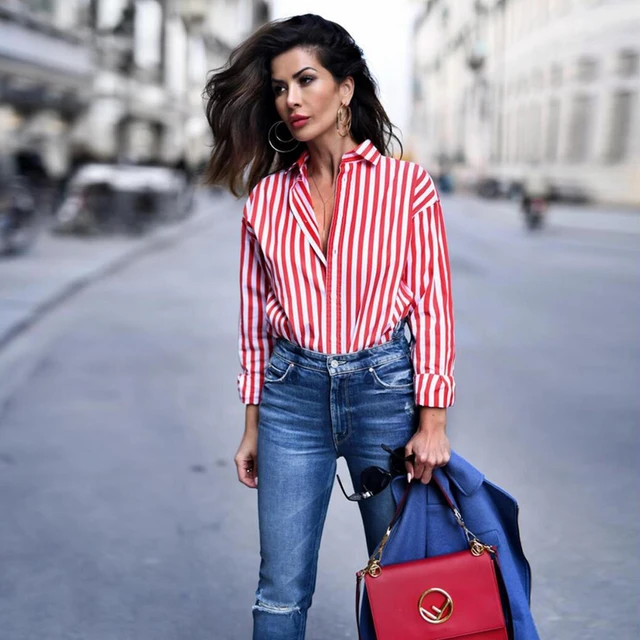 New Chic Office Ladies Red Striped Blouse Turn-down collar button ...