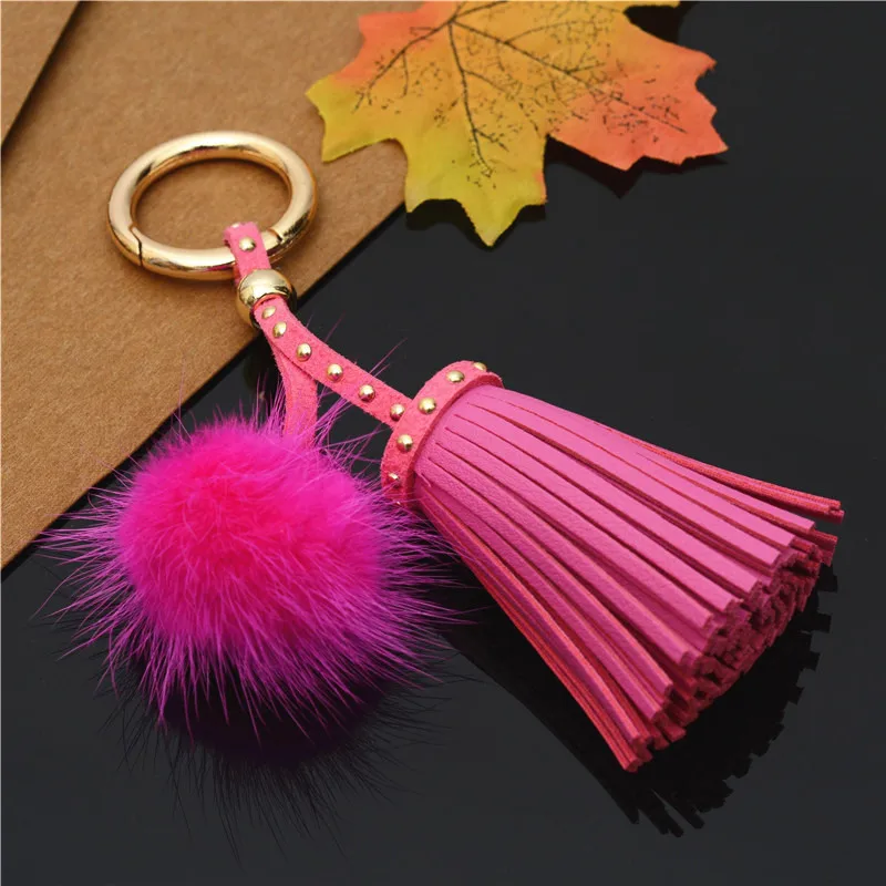 Fancy&Fantasy Creative Fur Ball Keychain Pom Pom Keychain Key Holder PU ...