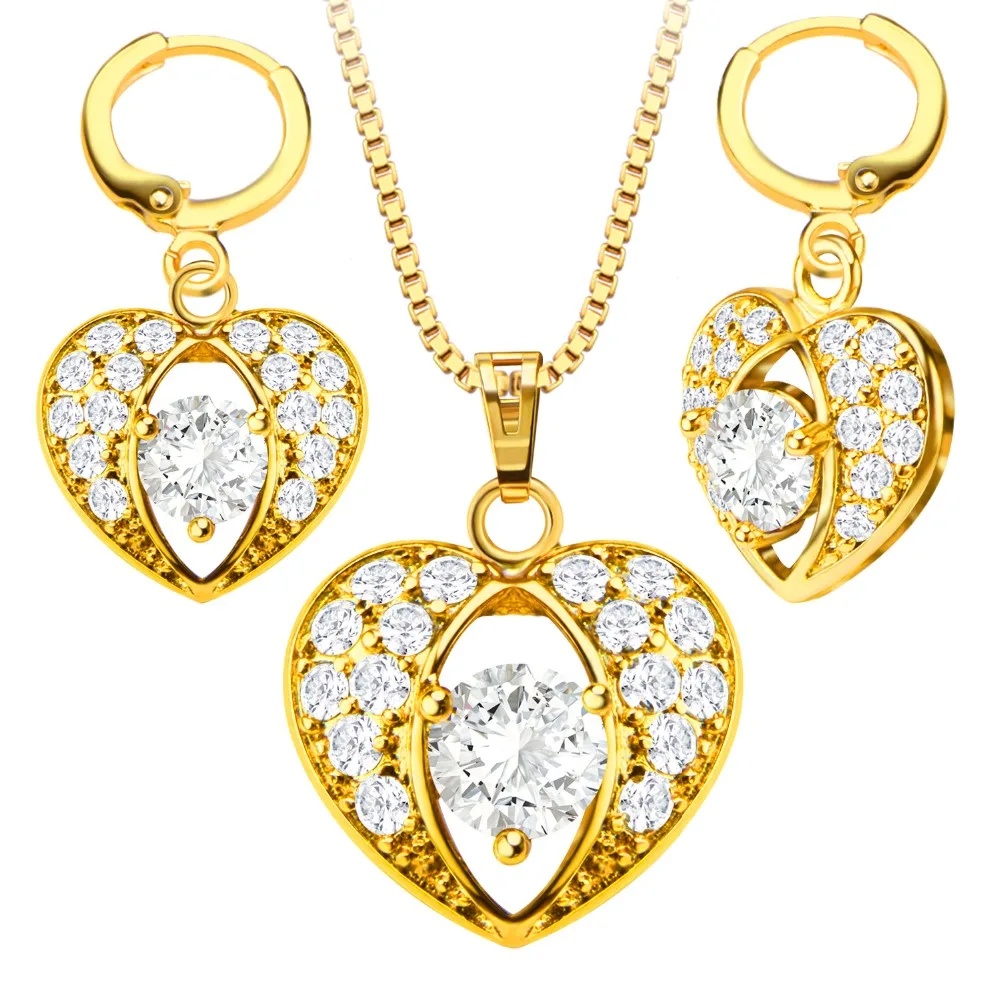 Luxury Heart shaped AAA+Cubic Zirconia Gold Color Necklace earrings ...