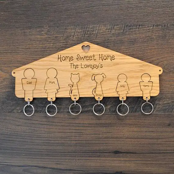 custom Wooden Keyrings Family with pets Keyring Hanger Hooks for Keys ...