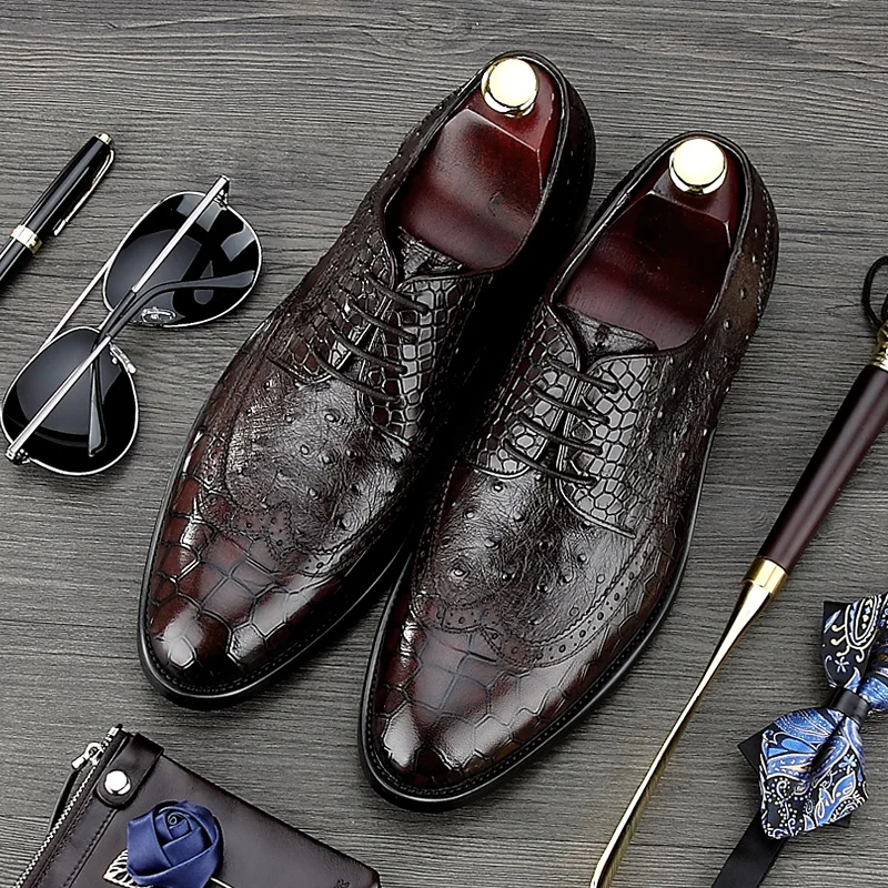 2017 British Designer Round Toe Carved Man Formal Dress Shoes Genuine ...