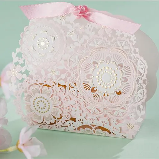 Free shipping 230G good qunlity paper laser cut lace pink wedding boxes ...