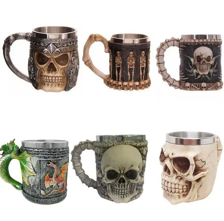 Novelty resin stainless steel skeleton coffee mug beer mug skull head ...