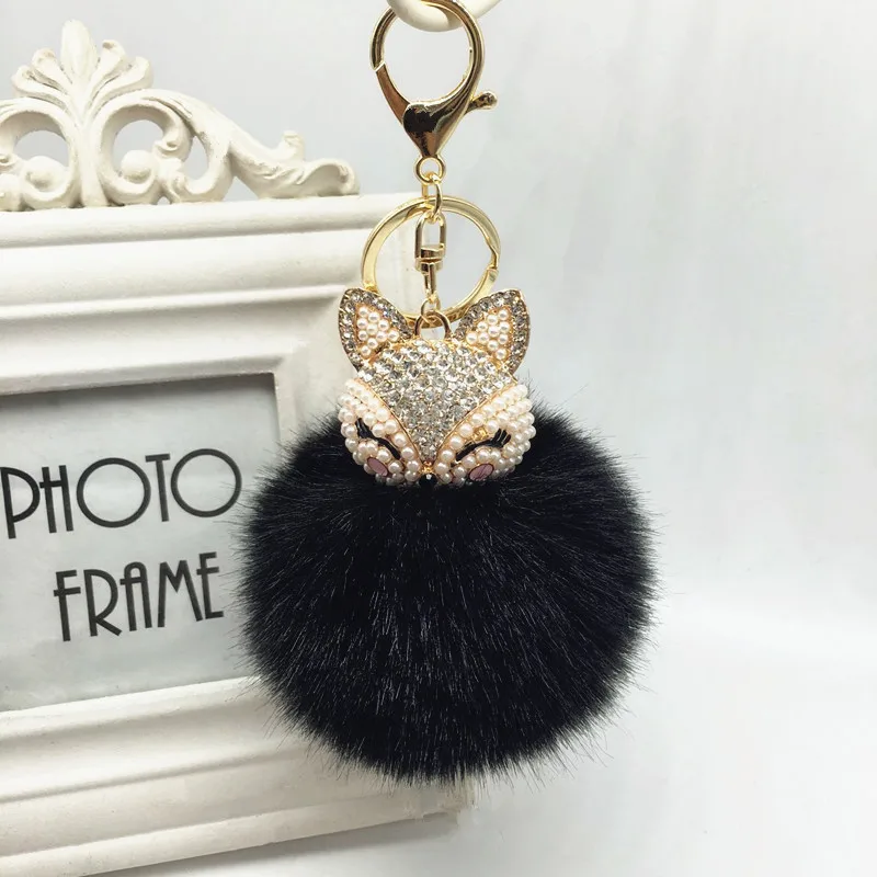 Women Crystal fluffy Keychain Fox Pompom Key Ring llavero Pom Pom ...