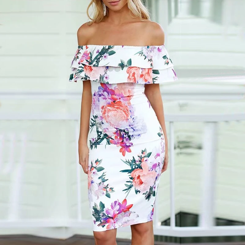 Summer Sexy Off Shoulder Beach Boho Dress Elegant Women Sash Flower