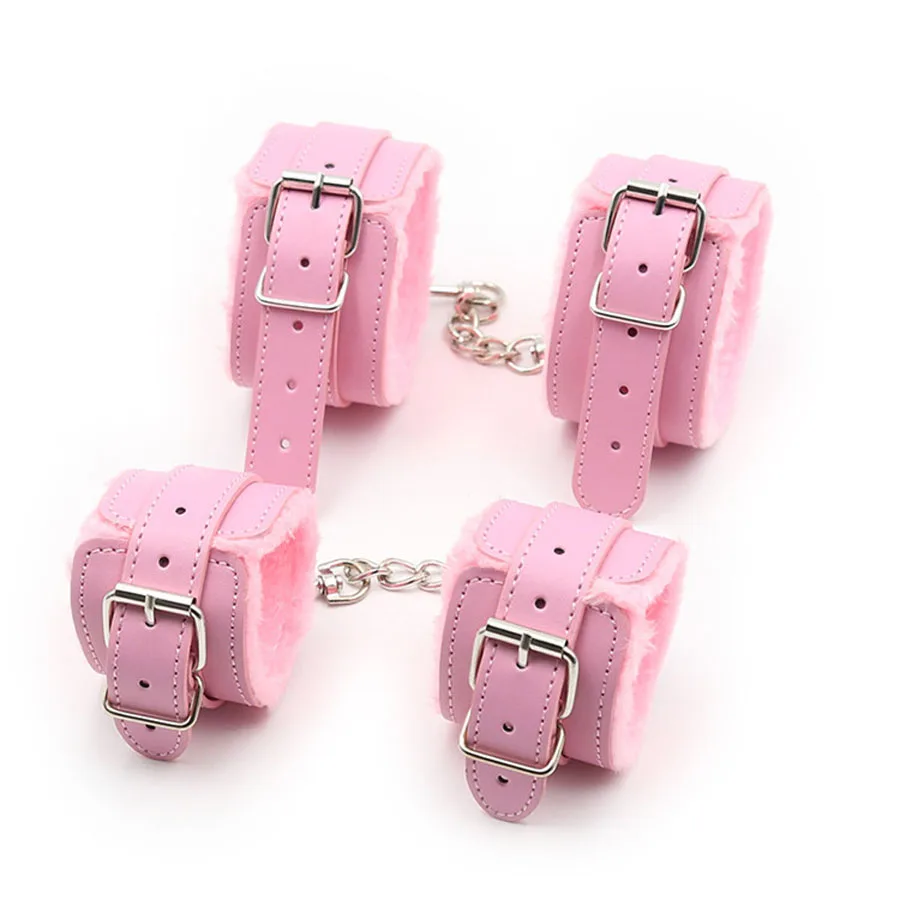 Pink Leather & Soft Fur 손 Cuffs 발목 Cuffs, 페티쉬 구속 키트, 새디즘, 마조히즘 등 속박, 성인 ...