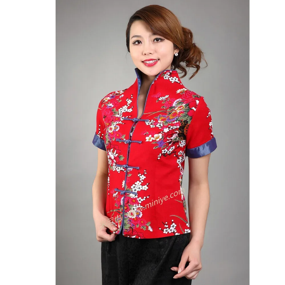 Red Vintage Summer Chinese tradition Style Women's top blouse shirt S M ...