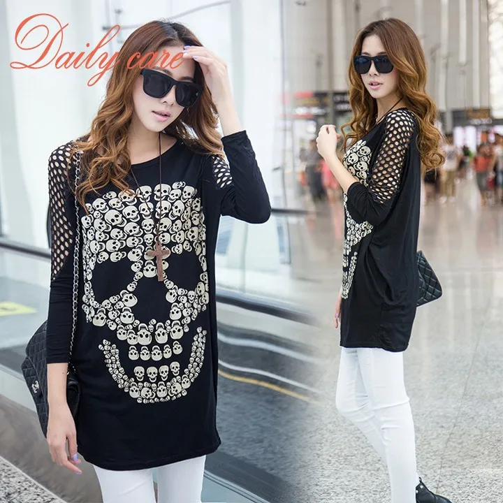 2015 Women Skull Print Shirt Cotton Long Skull Print Blouses Long ...