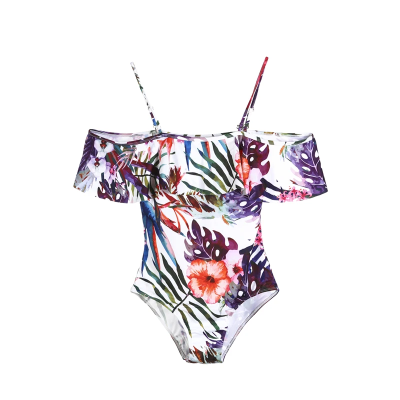Women Off Shoulder Swimsuit One Piece Bodysuit Ruffle Floral Beachwear