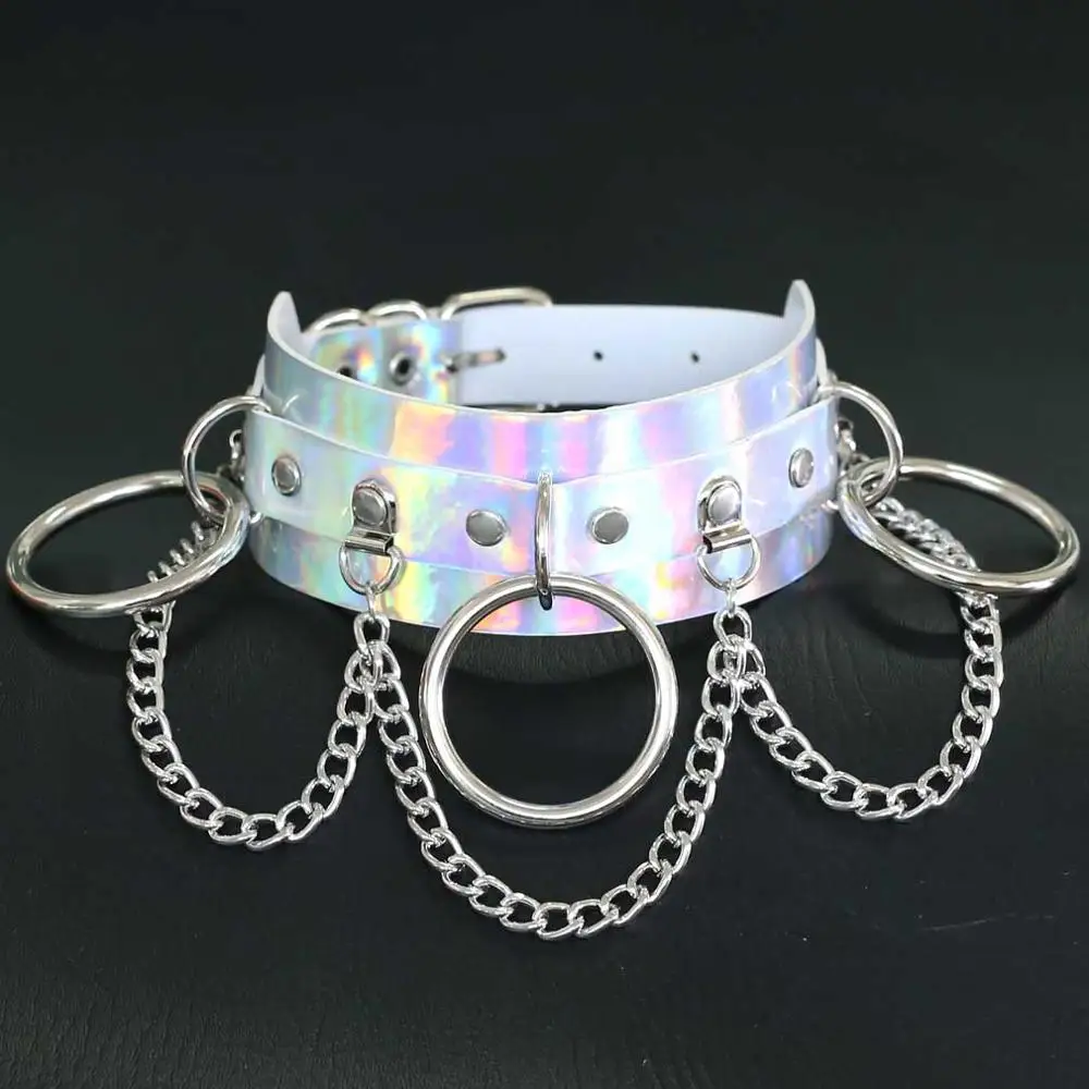 Holographic Choker Chain necklace Punk rainbow Leather Collar women ...
