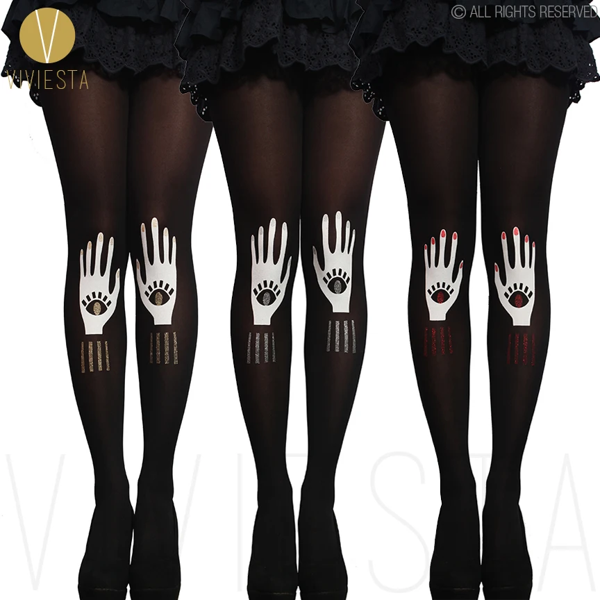 Glitter Hands Print Tights 60d Women Sexy Unique Cool Black Halloween