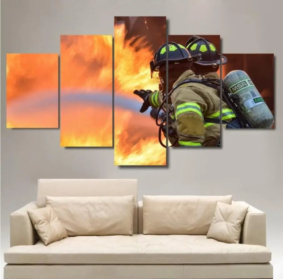 5 panel canvas print firefighter hero modern wall art picture home ...