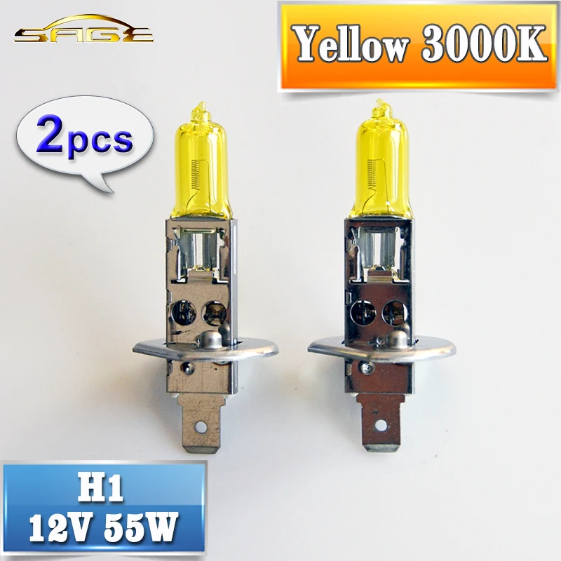 H1 Halogen Bulb Yellow 2 PCS(1 Pair) 12V 55W 3000K Quartz Glass Car ...