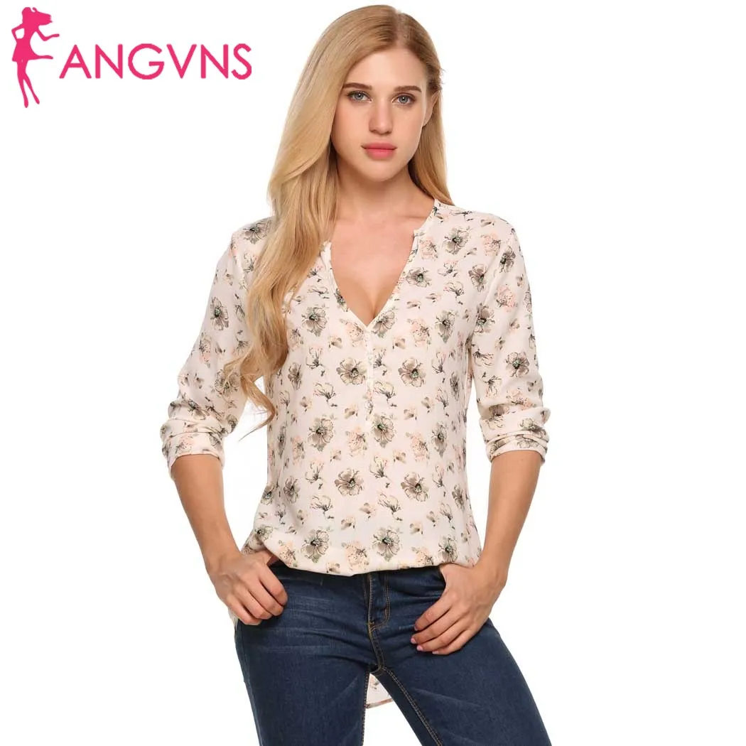 Angvns Women Chiffon Blouses Floral Shirts Deep V Neck Autumn Blouse