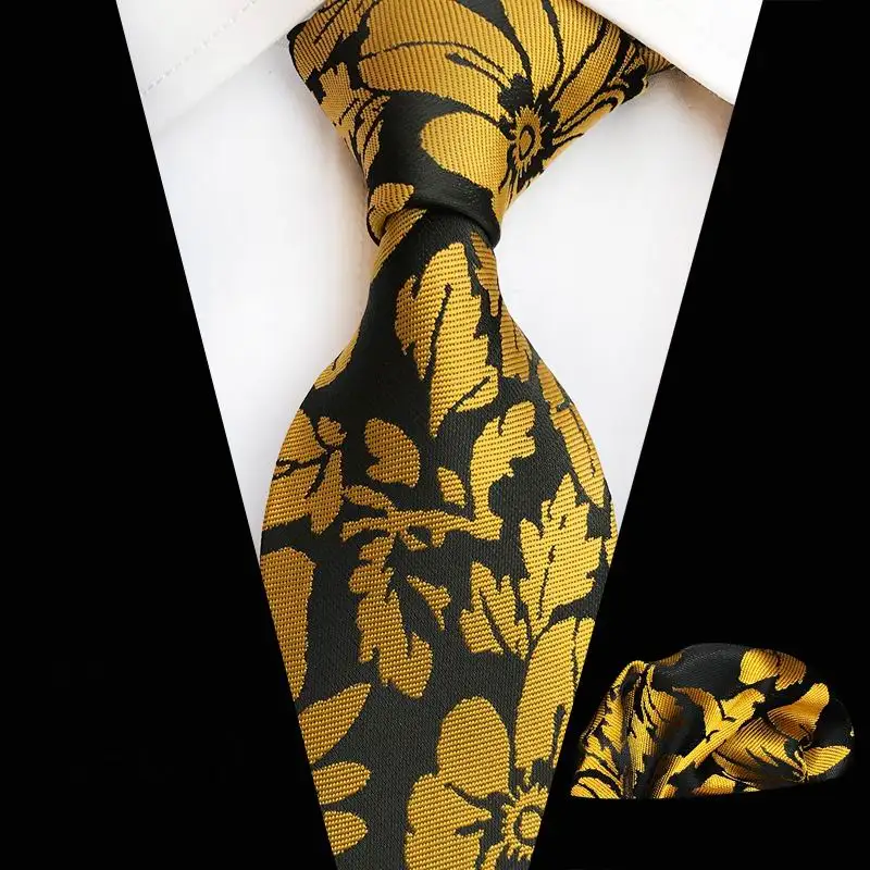 SKng High Quality Gold Tie Set for Men Floral Tie & Pocket Square ...