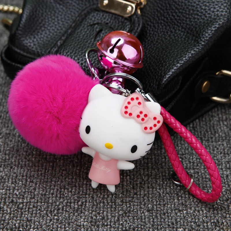 Cartoon Hello Kitty Pink Cat Colorful Bells Bunny Fur Pompom Keychain ...