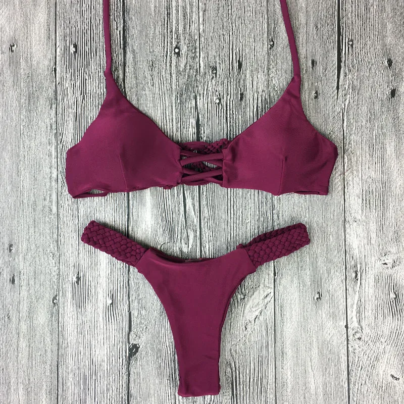 2018 Women Swimsuit Monokini Wine Red Swimming Suit Crochet Solid