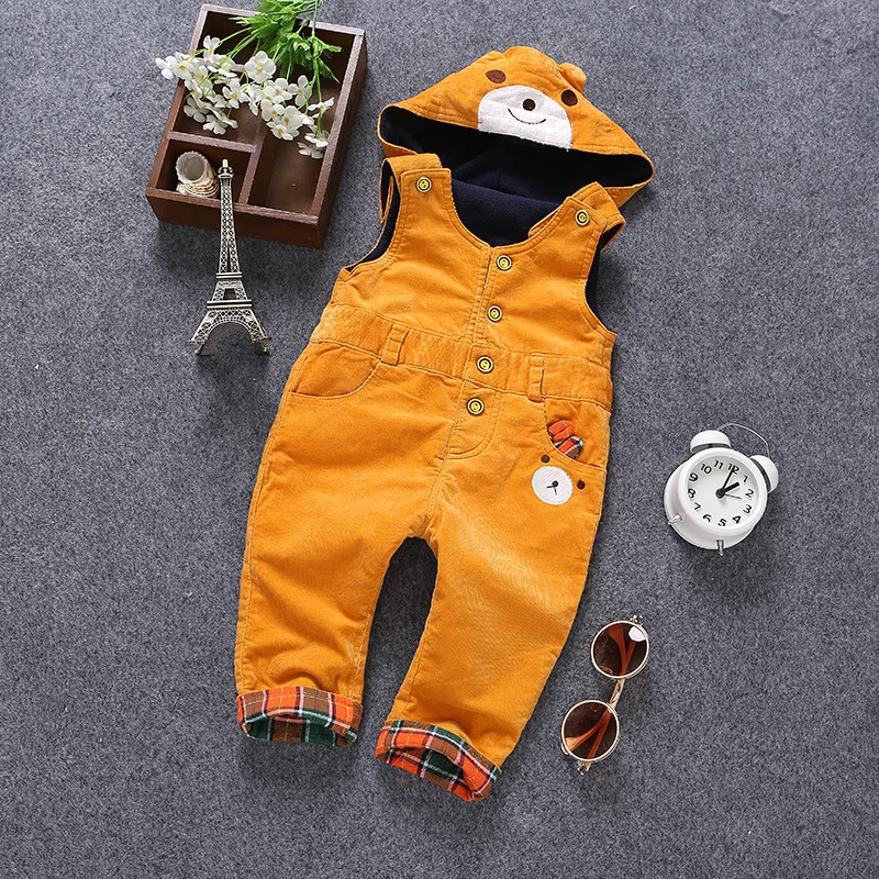 Kids Overalls For Girl Corduroy Pants Plus Velvet Warm Fleece Hooded ...