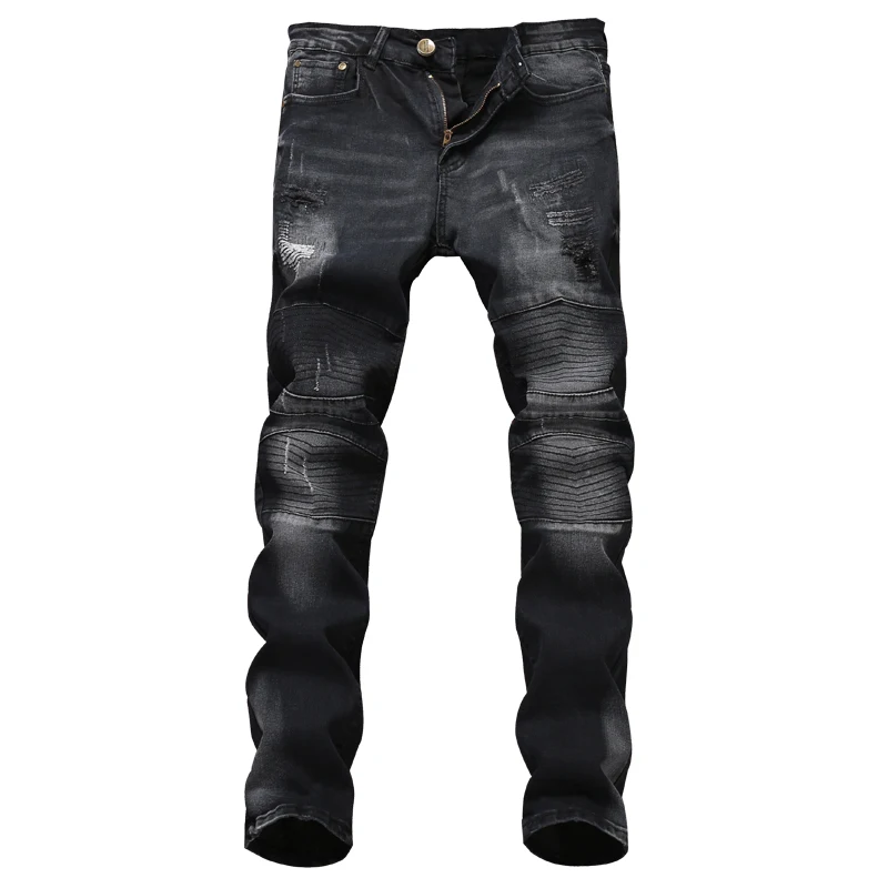 Mens Pleated Biker Jeans Pants Slim Fit Brand Designer Motocycle Denim