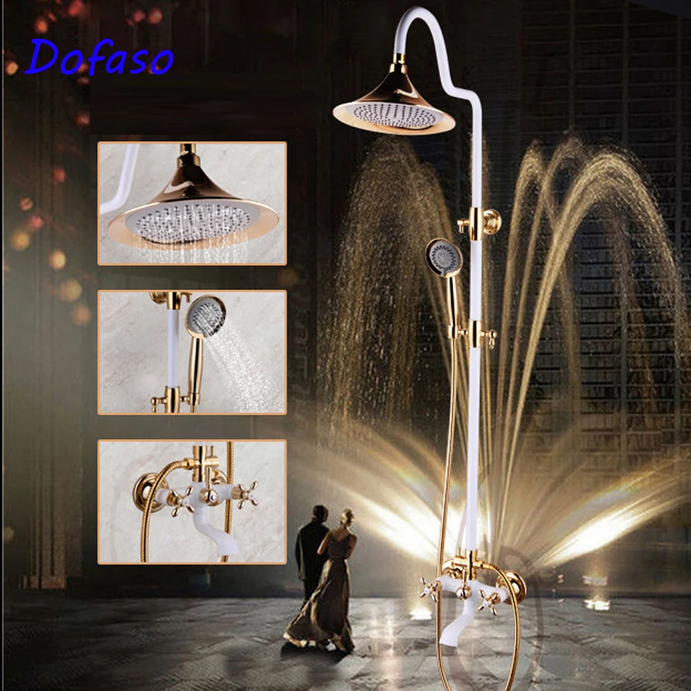 Dofaso vintage gold white shower set European style brass mixer tap wall mounted retro bathroom ...